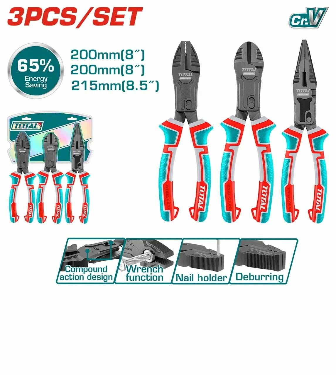 Набор инструментов TOTAL THT2CK231S, плоскогубцы сложного назначения, 3шт
