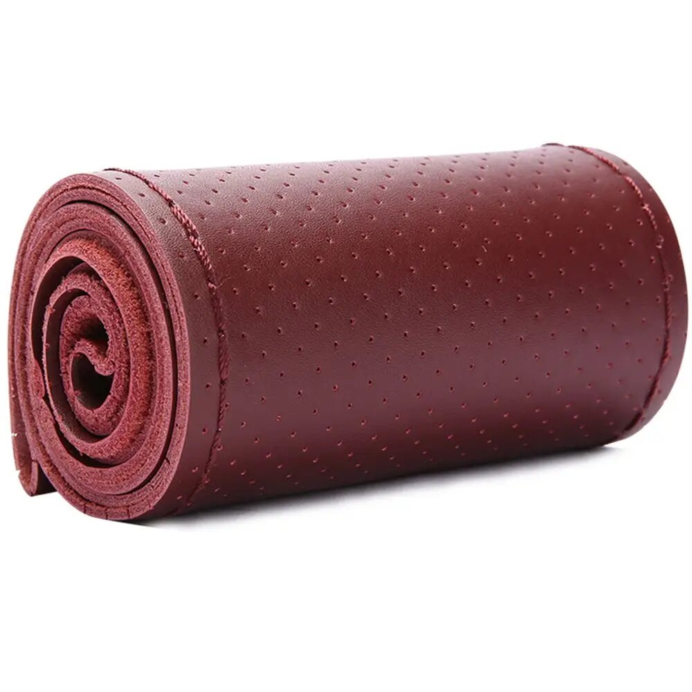 Кожаная оплетка для рулевого колеса с иглами и ниткой диаметром 38 см Wine Red