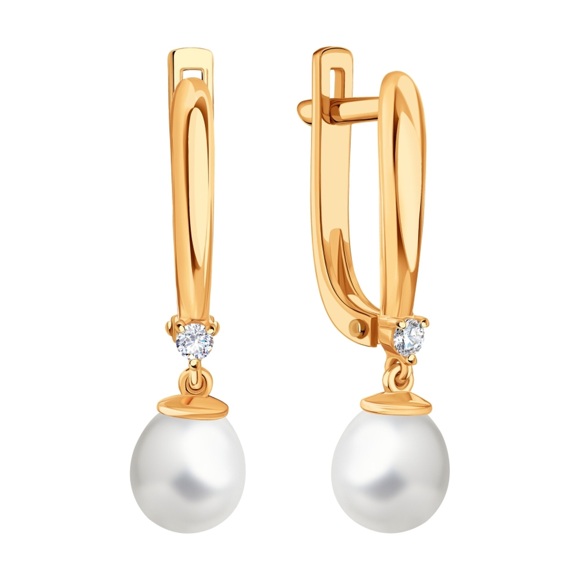 Серьги, красное золото, 585 проба, жемчуг, фианит