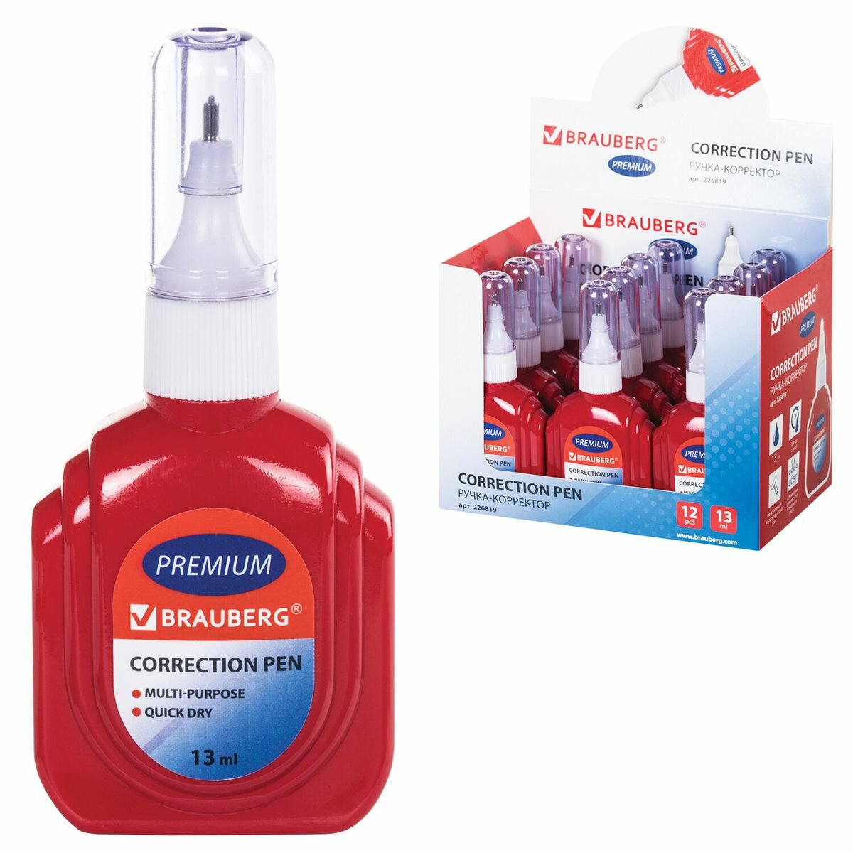 Корректирующая ручка Brauberg, 13мл, металлический наконечник (226819), 12шт.