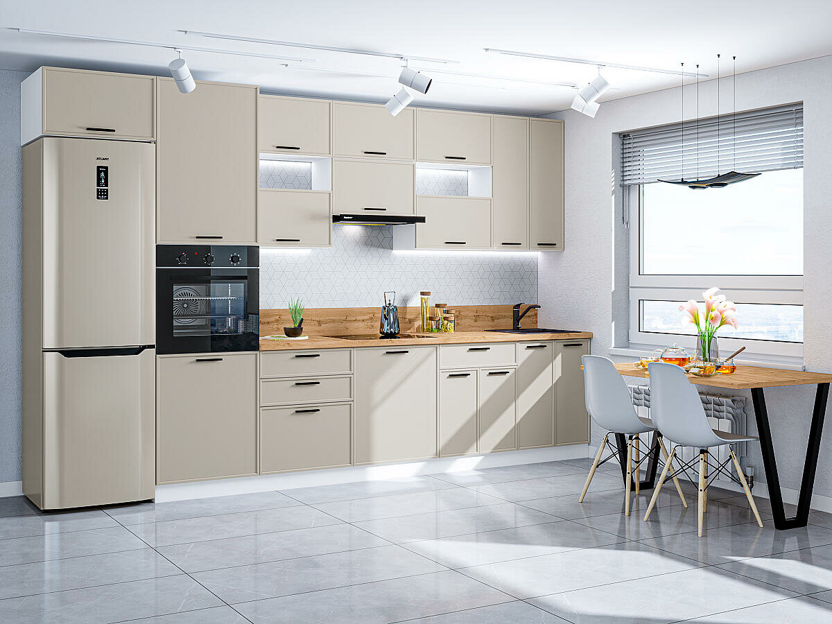 Кухня Фрейм-04, цвет фасада Cream Silk, цвет каркаса Белый, 2340*3600*600 мм