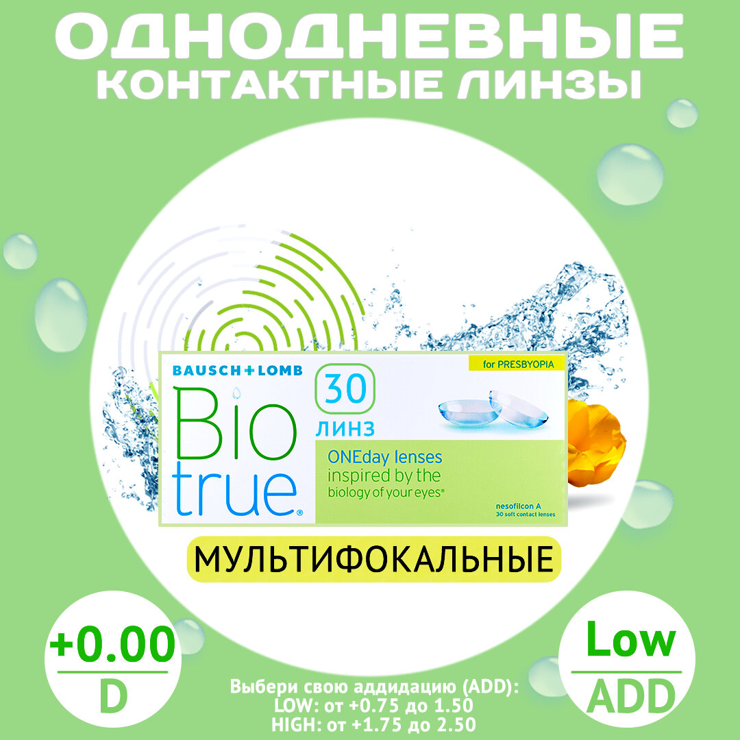Мультифокальные линзы Biotrue ONEday for Presbyopia D0.00, ADD Low, R8.6, однодневные, 30 шт.