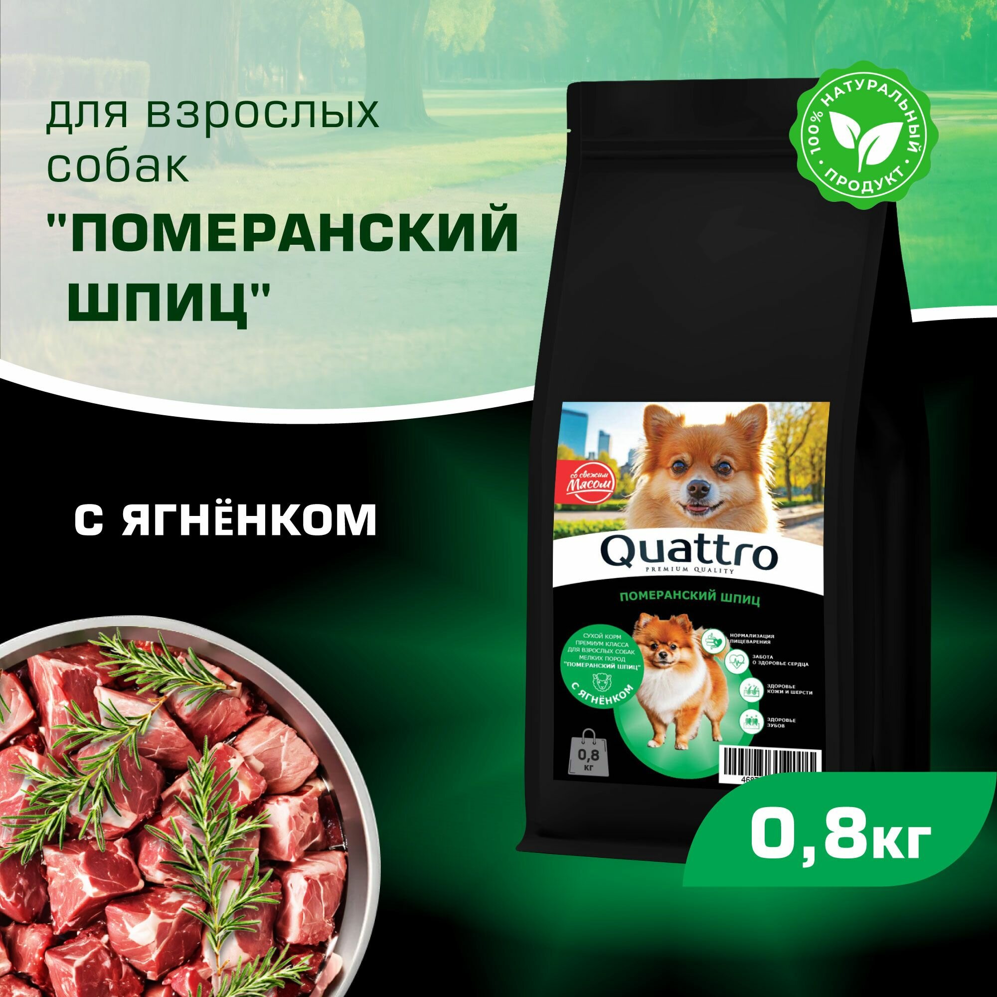 Quattro корм для взрослых собак породы Померанский шпиц, с ягненком 800 гр