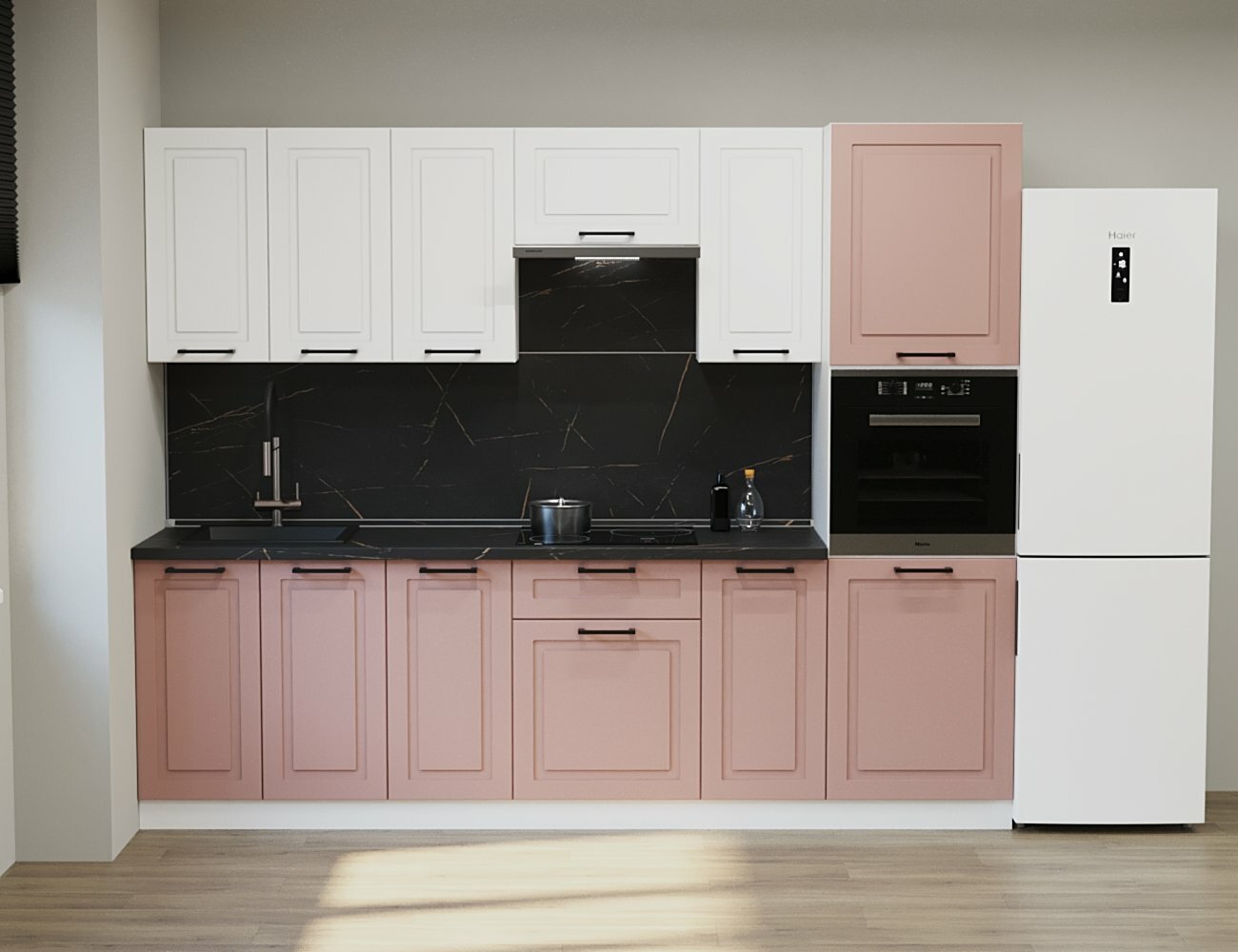 Кухонный гарнитур Аликанте, 2800 мм, шарли белый / шарли pink