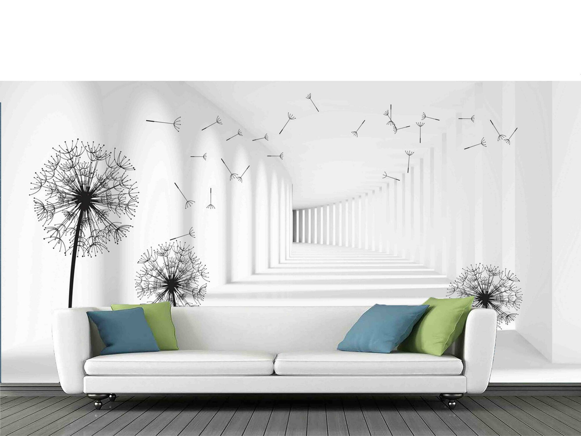 Фотообои на стену антивандальные 500х270см Одуванчики в сером тоннеле винил на флизелине