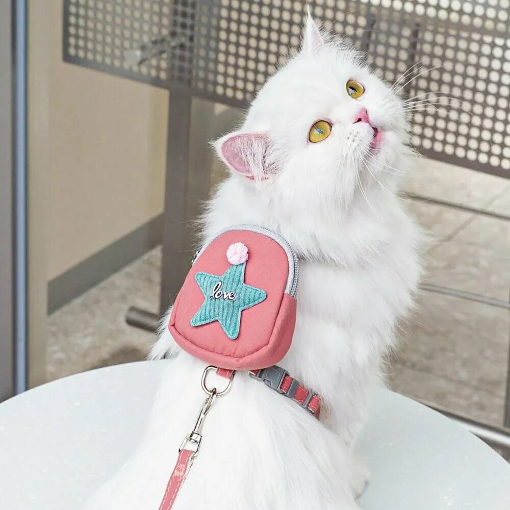 Шлейка для собак и кошек , с поводком 120 см, с рюкзаком (S)