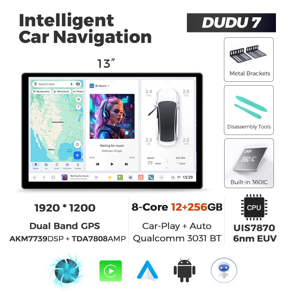 DUDUAUTO DUDU7 7870 AKM7739 TDA7803 12G + 512G Android 13 Универсальный автомобильный радиоприемник 13 дюймов головное устройство Беспроводной мультимедийный плеер Carplay DUDU7 12G-256G-360IC