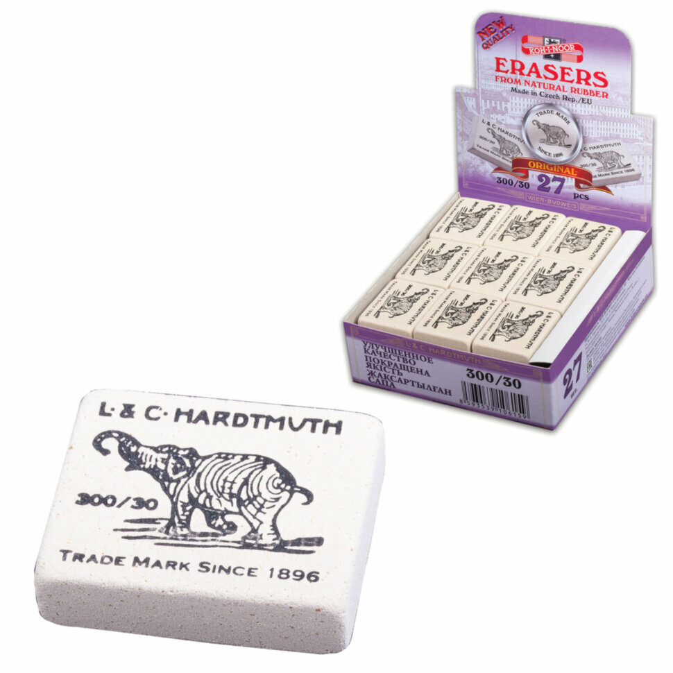 Ластик KOH-I-NOOR "Слон" 300/30, 35,5х28,5х10 мм, белый, прямоугольный, натуральный каучук, 0300030029KDRU, 224323