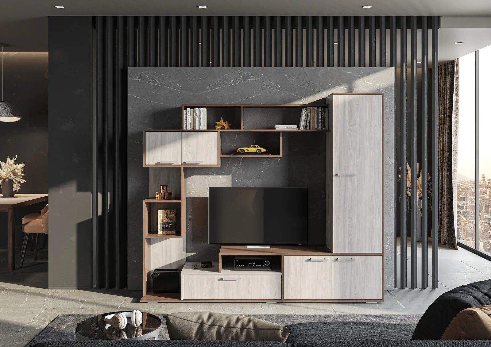 Стенка в гостиную «Капри», шимо тёмный/светлый (2100х416х1820)