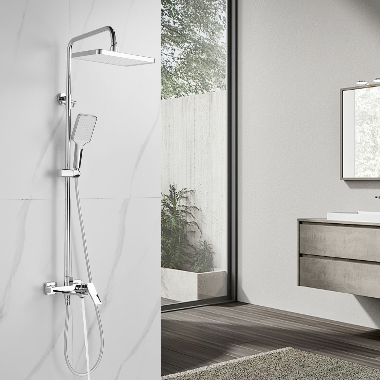 Душевая стойка со смесителем, тропическим душем и изливом Shevanik S4436