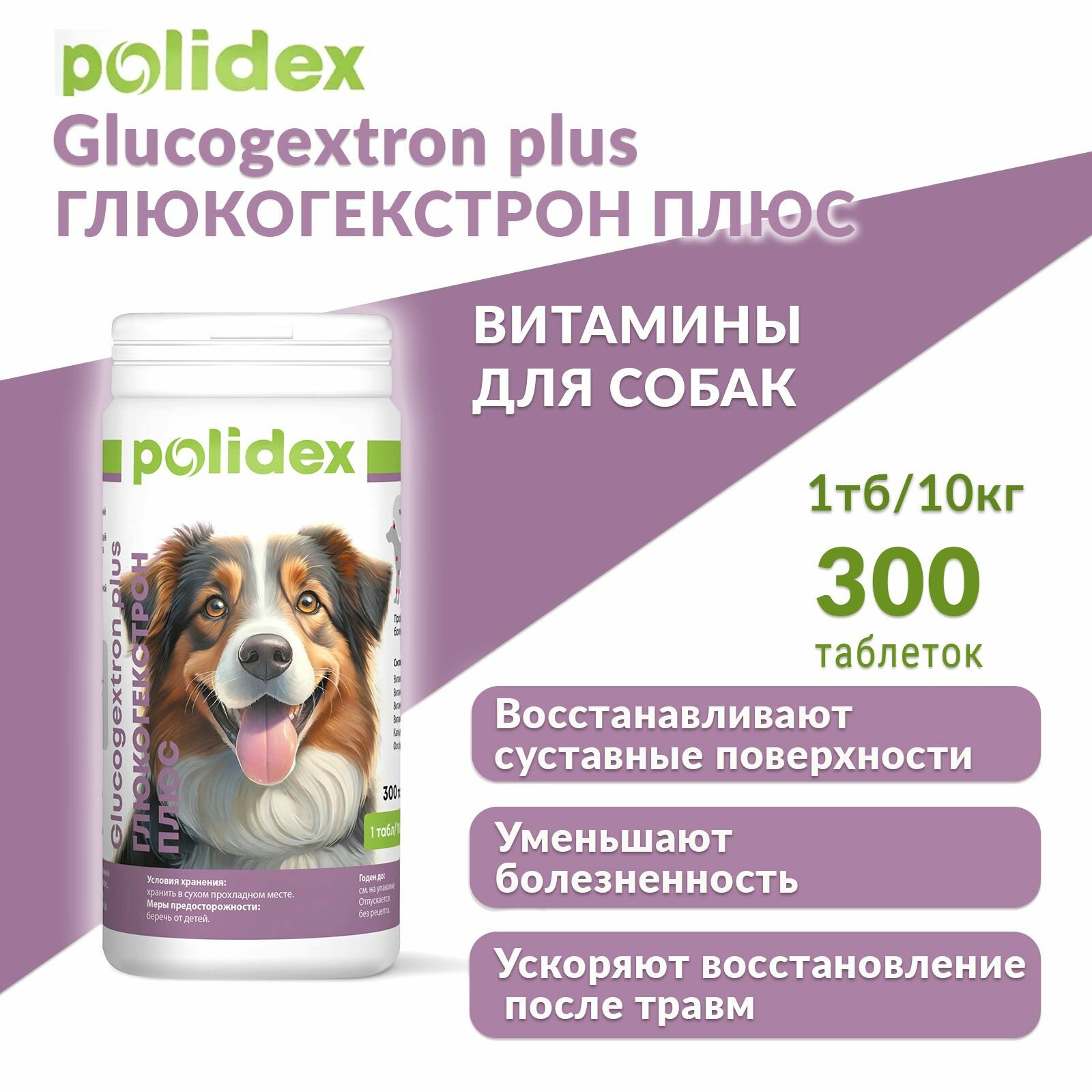 POLIDEX Глюкогекстрон плюс для собак, 300табл (1тб на 10 кг), 30 гр витамины для сустав после травм