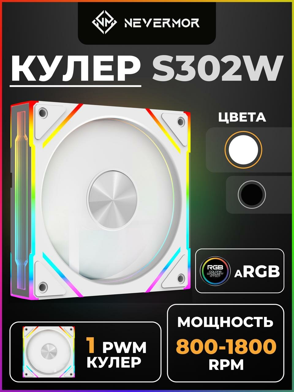 Кулер 3D зеркального отображения NM S302W для ПК 120 мм с ARGB подсветкой, белый