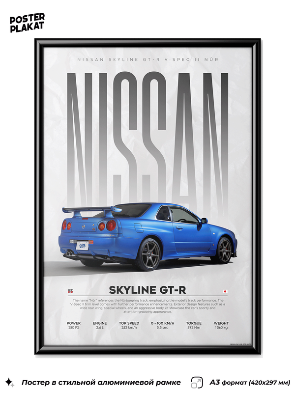 Постер на стену с машинами, Nissan Skyline GT-R, авто Ниссан, для интерьера, в раме, А3 (420х297 мм), Постер Плакат