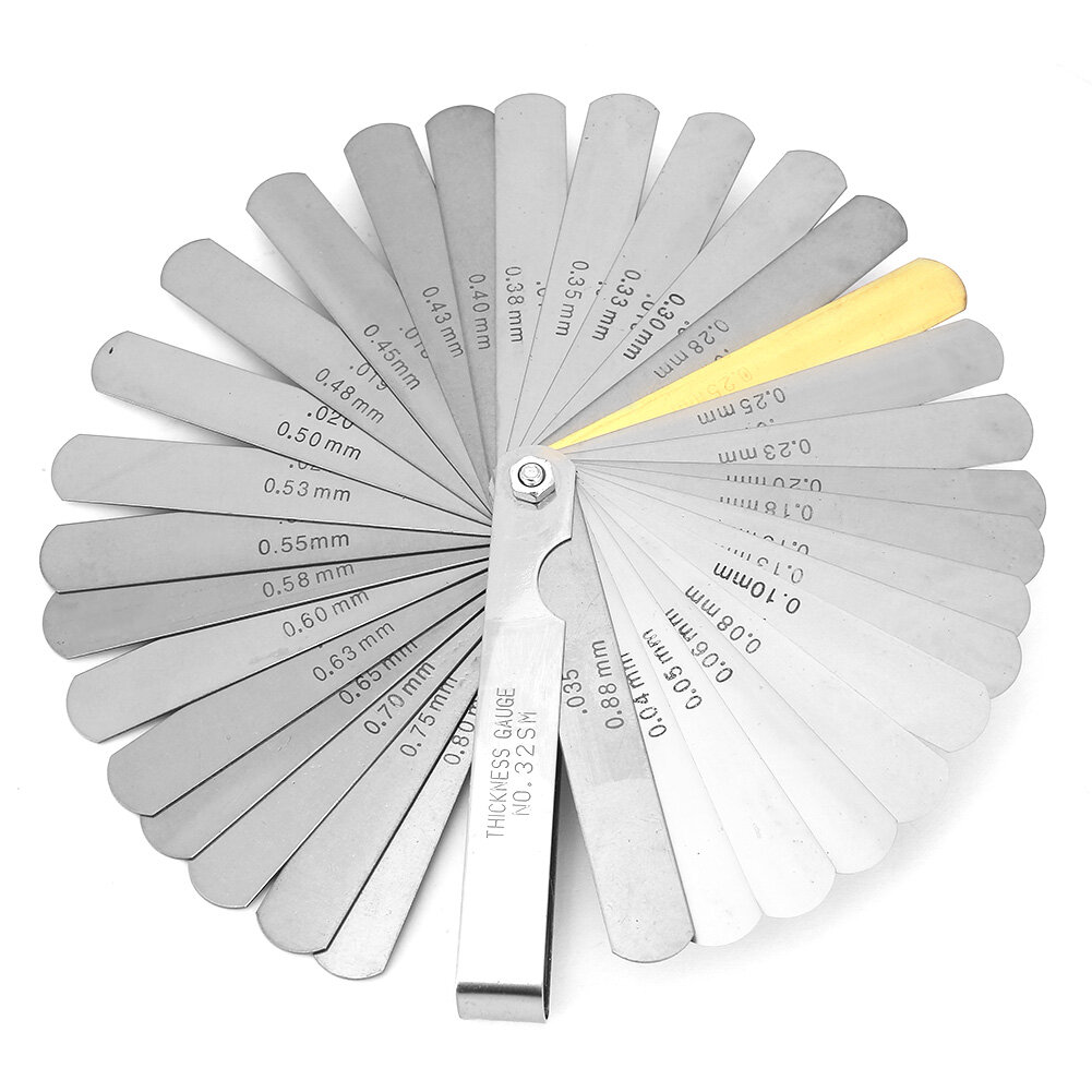 Щуп для измерения зазоров из нержавеющей стали, метрическая система, 32 лезвия, толщина 0,04-0,88 мм.