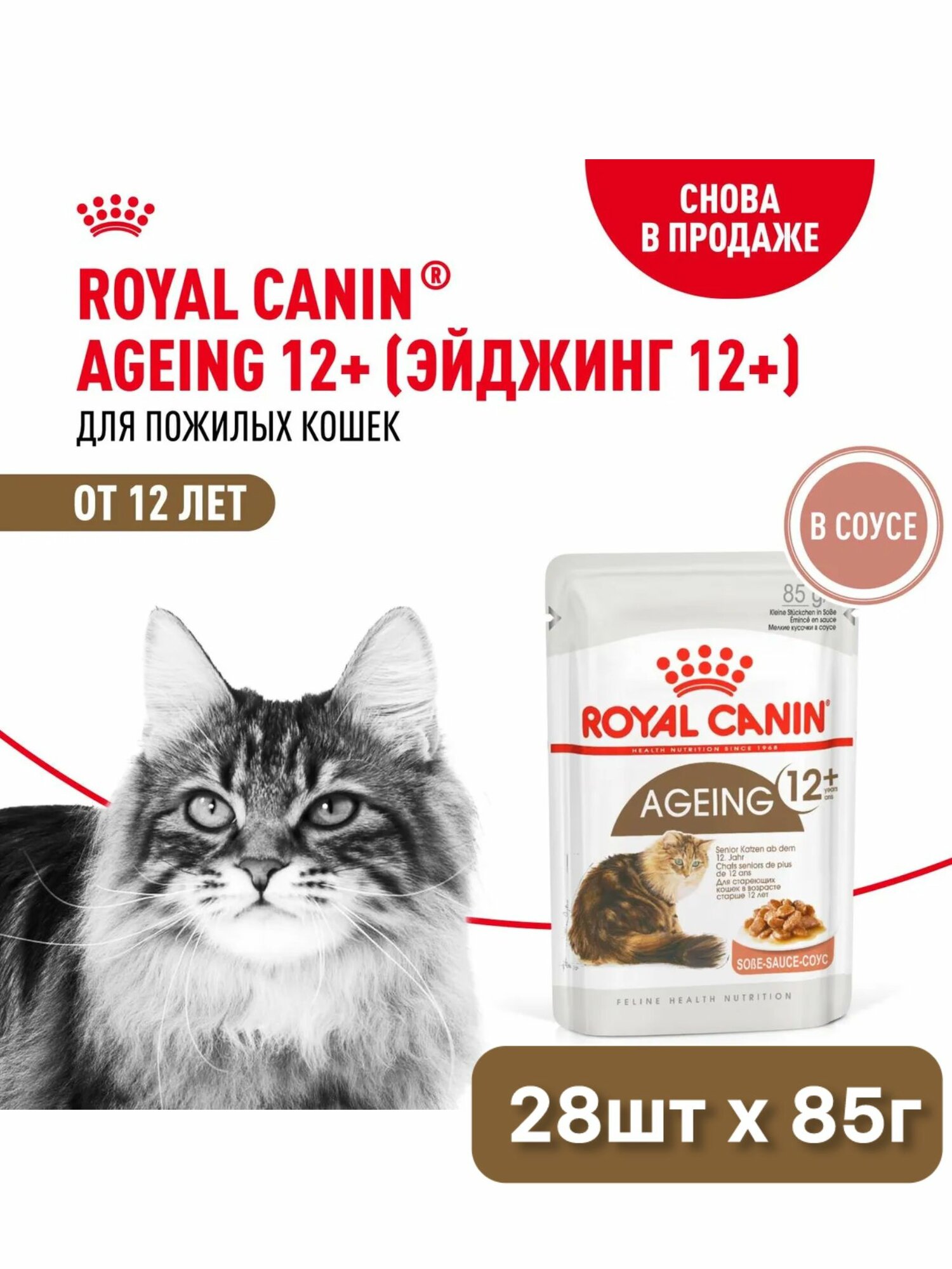 Влажный корм для кошек 28шт х 85г Ageing 12+, в соусе