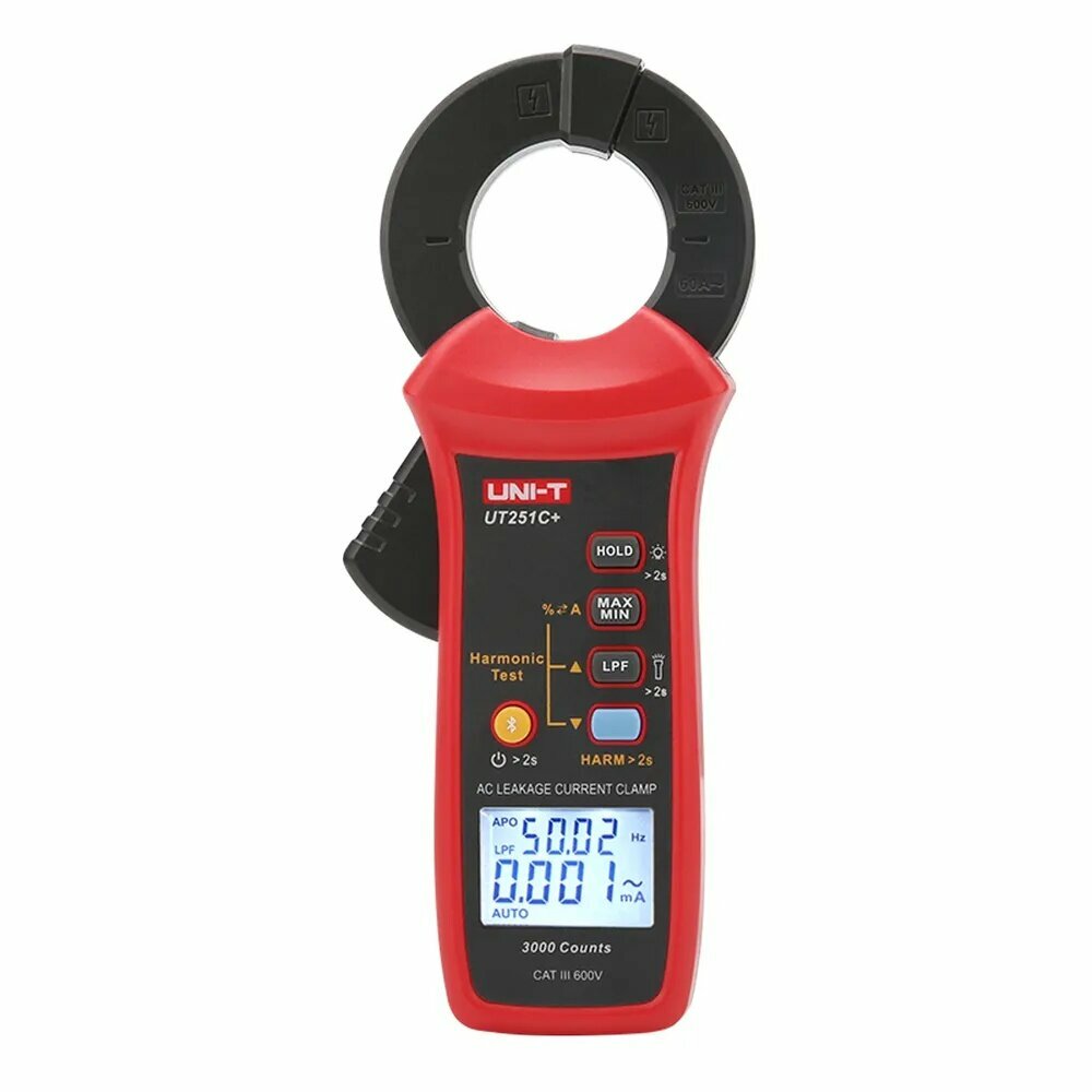 Цифровой клеммный амперметр UNI-T UT251C+ для измерения утечки переменного тока 0-60A с автоматическим диапазоном и функцией Пикхолд