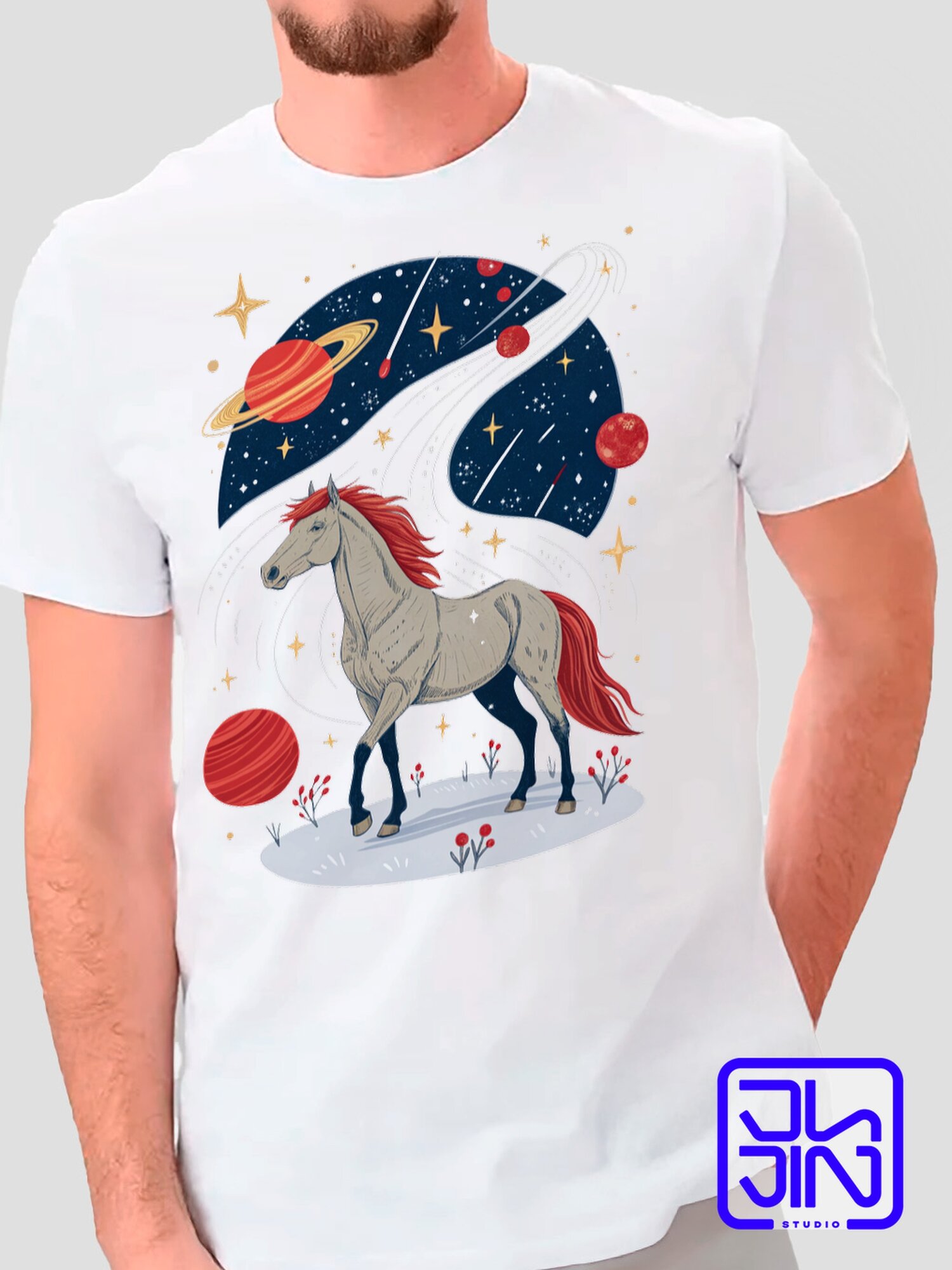Футболка классическая мужская с авторским принтом Абстрактная черно-синяя геометрическая лошадь в белом космосе с планетами, белый хлопковый трикотаж с прикольным рисунком на груди