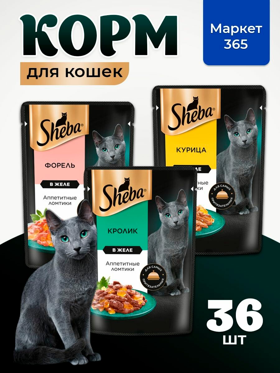 Влажный корм для кошек Sheba. Набор "три вкуса". Кролик, курица, форель. (Ломтики в желе, 36 шт х 75 г)