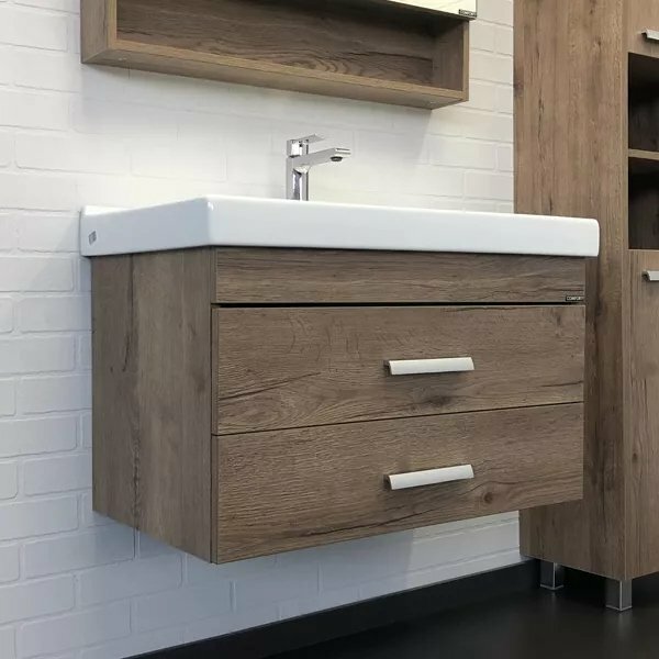 Тумба с раковиной Comforty Никосия 80П подвесная, темный дуб, с раковиной Fest 80