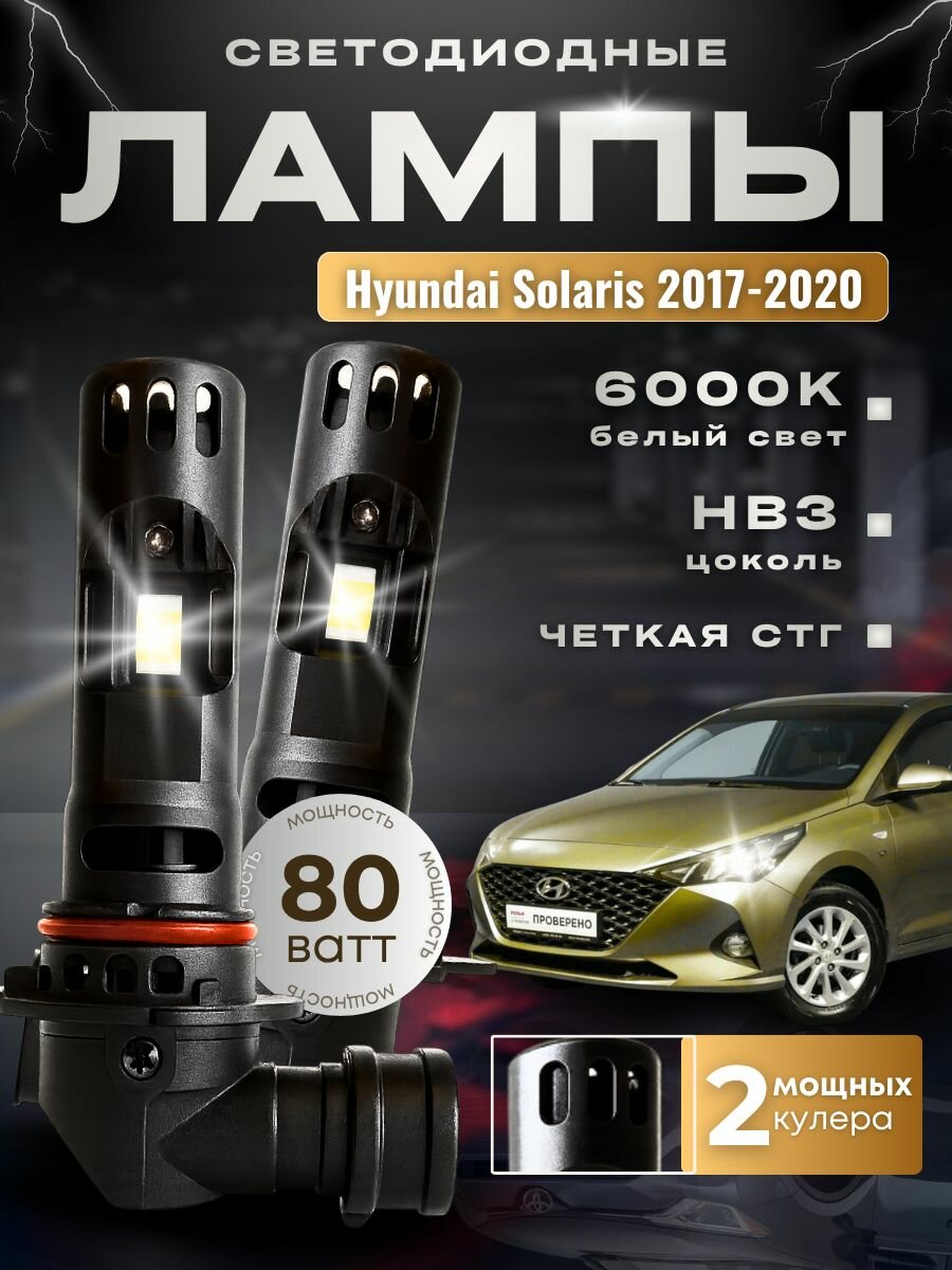 Светодиодные лампы HB3 (LED) для ближнего или дальнего света Hyundai Solaris 2 пок. седан 2017- 2020 г. в. (фары с линзами), НB3 лед лампы HВ3 для Хендай Солярис