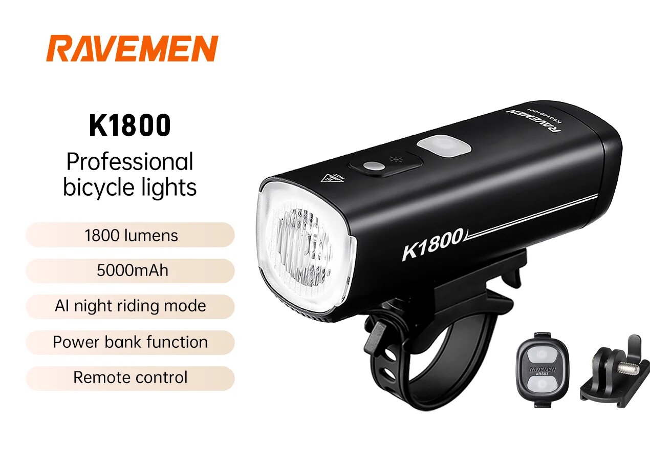 Велофонарь Ravemen K1800 + AUB01
