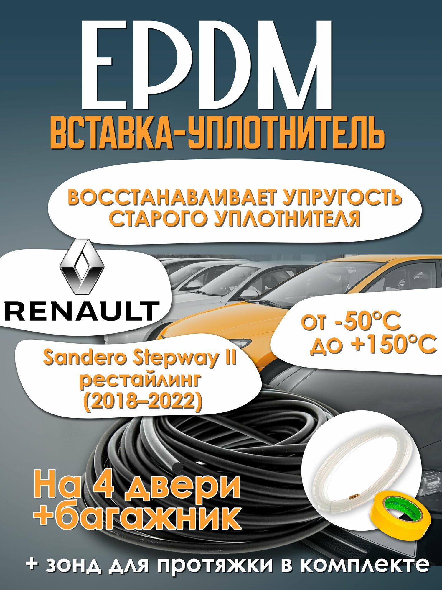EPDM вставка-уплотнитель для дверей автомобиля Renault Sandero Stepway II рестайлинг (2018-2022) / Рено Сандеро Степвей 2 поколение рестайлинг