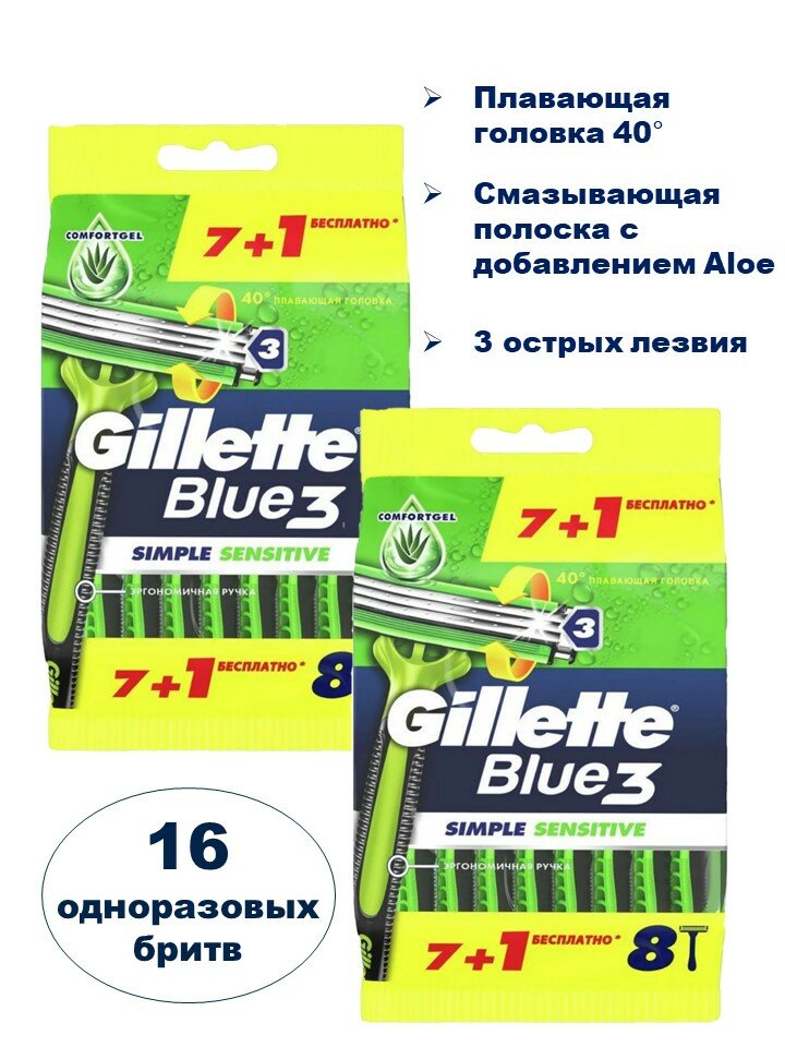 Бритва безопасная одноразовая Gillette Blue 3 Simple Sensitive, 2 упак х 8 станков
