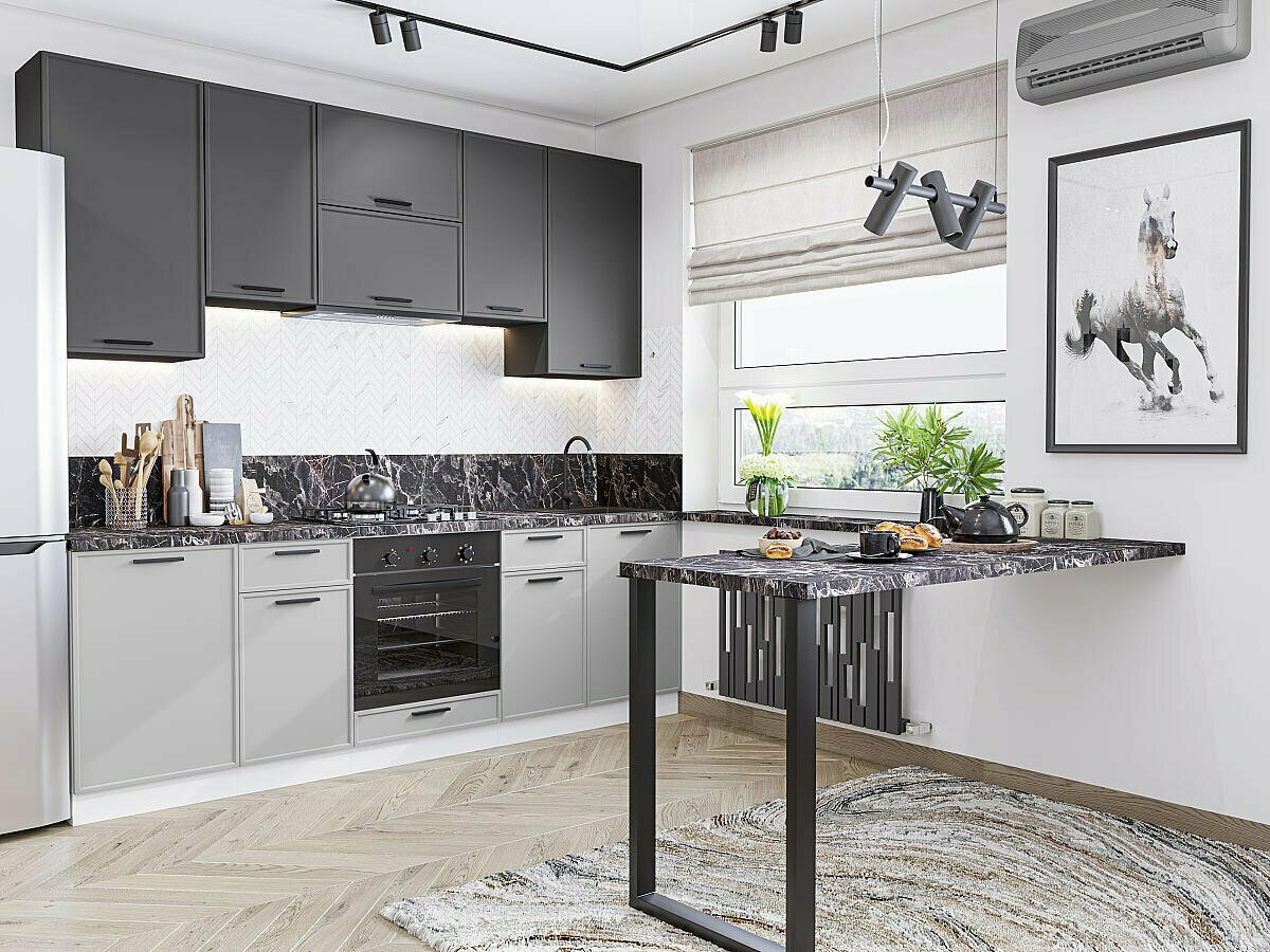 Готовый кухонный гарнитур 2,4 м кухня прямая 240 см Фрейм-05 240х60х234 Stormy Silk, Grey Silk со столешницей