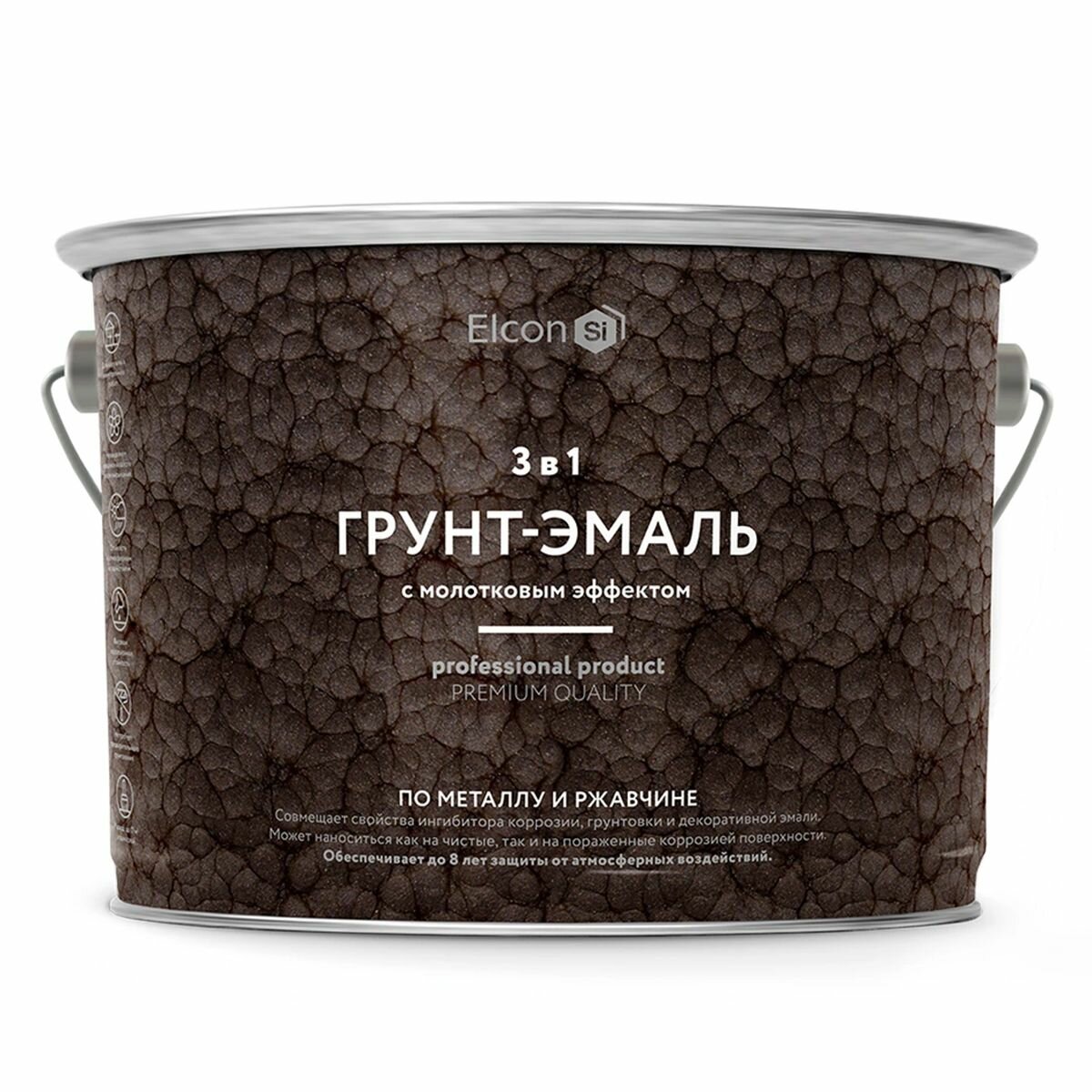 Грунт-эмаль ELCON по ржавчине, 3в1, молотковая черная, 2 кг