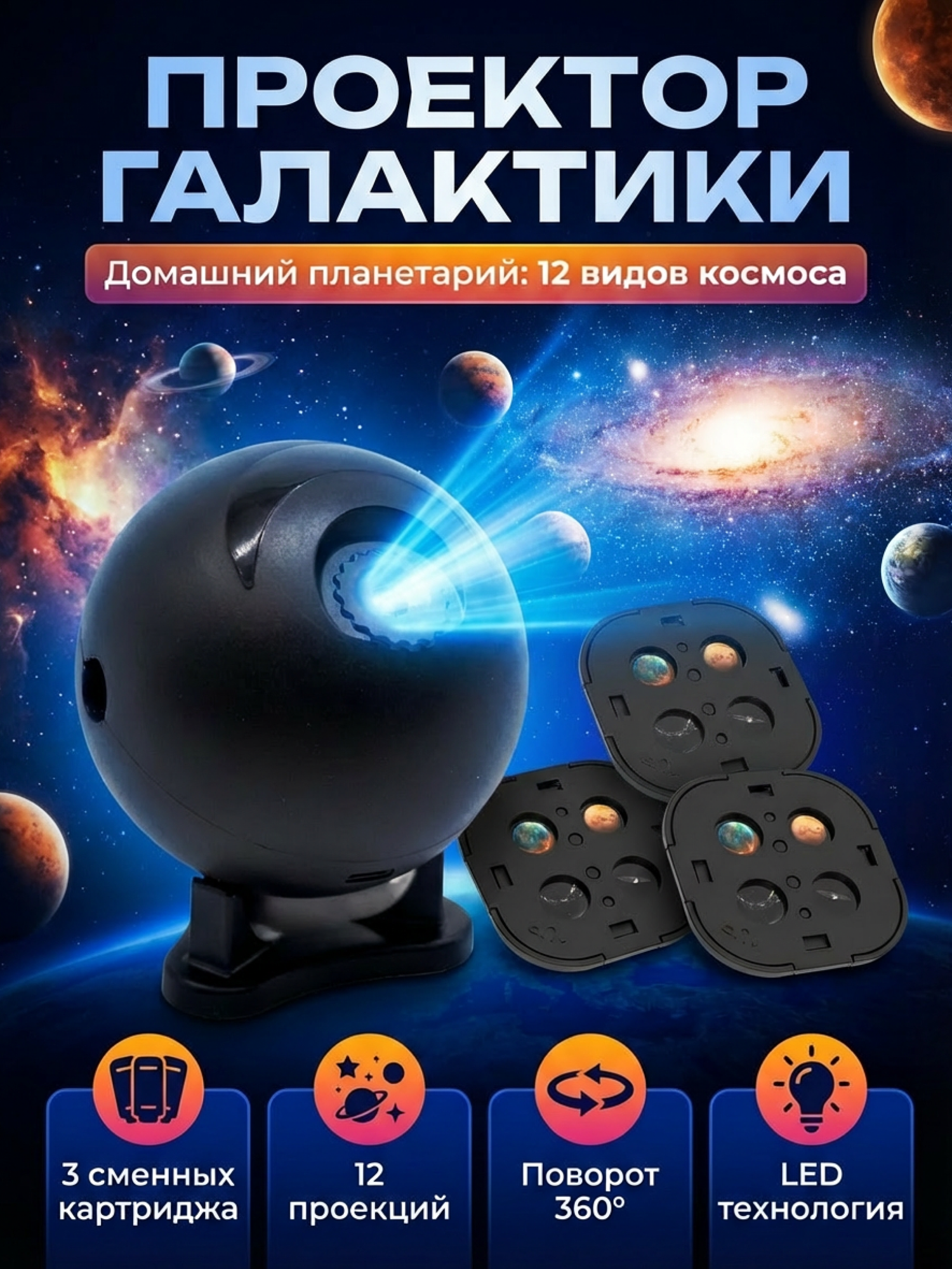Проектор звездного неба для детей, ночник-планетарий со сменными картриджами