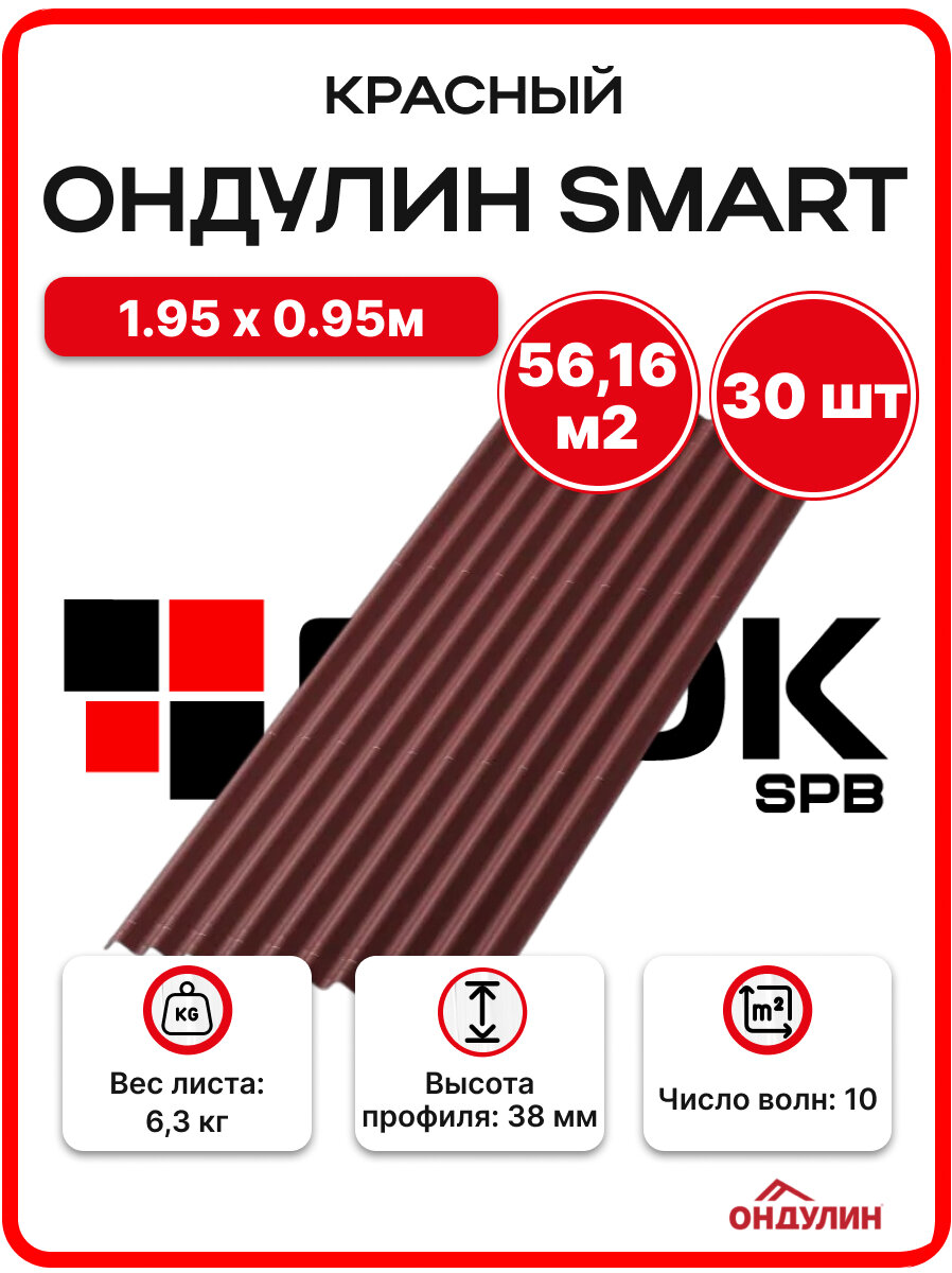Ондулин SMART для кровли 1,95х0,95м красный - 30 листов/связка