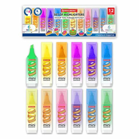 Набор текстовыделителей мини с принтами, 12 цветов, BRAUBERG, 6 неоновых цветов + 6 пастельных цветов, линия 1-5 мм, 152537
