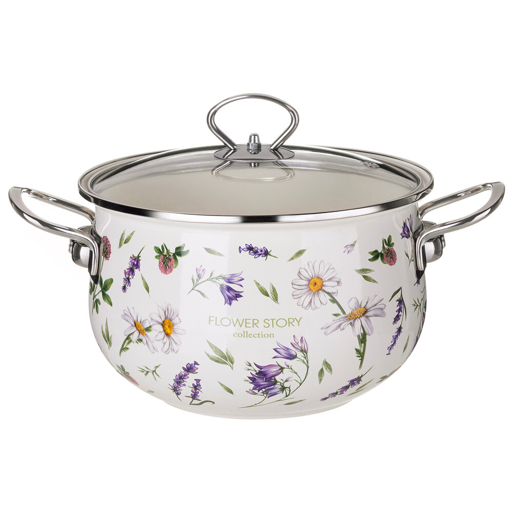 Кастрюля agness эмалированная со стеклянной крышкой серия flower story, 3,8 л диа. 22см KSG-943-098