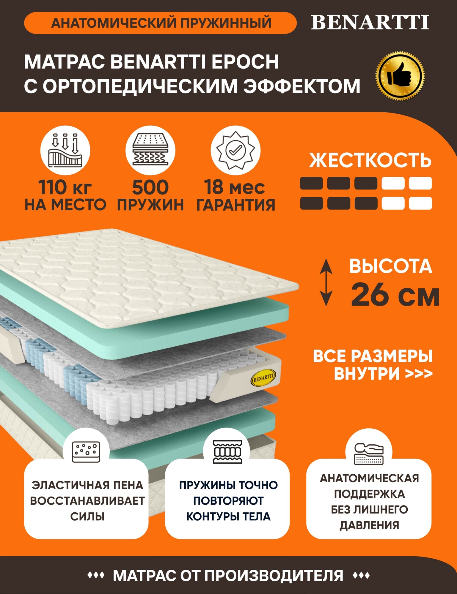 Матрас Benartti Epoch 160х200 серии Lux, высота 26 см, анатомический средней жесткости Независимые пружины