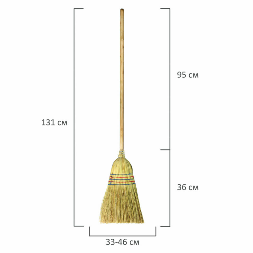 Веник-метла сорго LAIMA 2, натуральный, прошивной, с деревянным черенком 95 см, большой, 450х330 мм, 602463, 602463