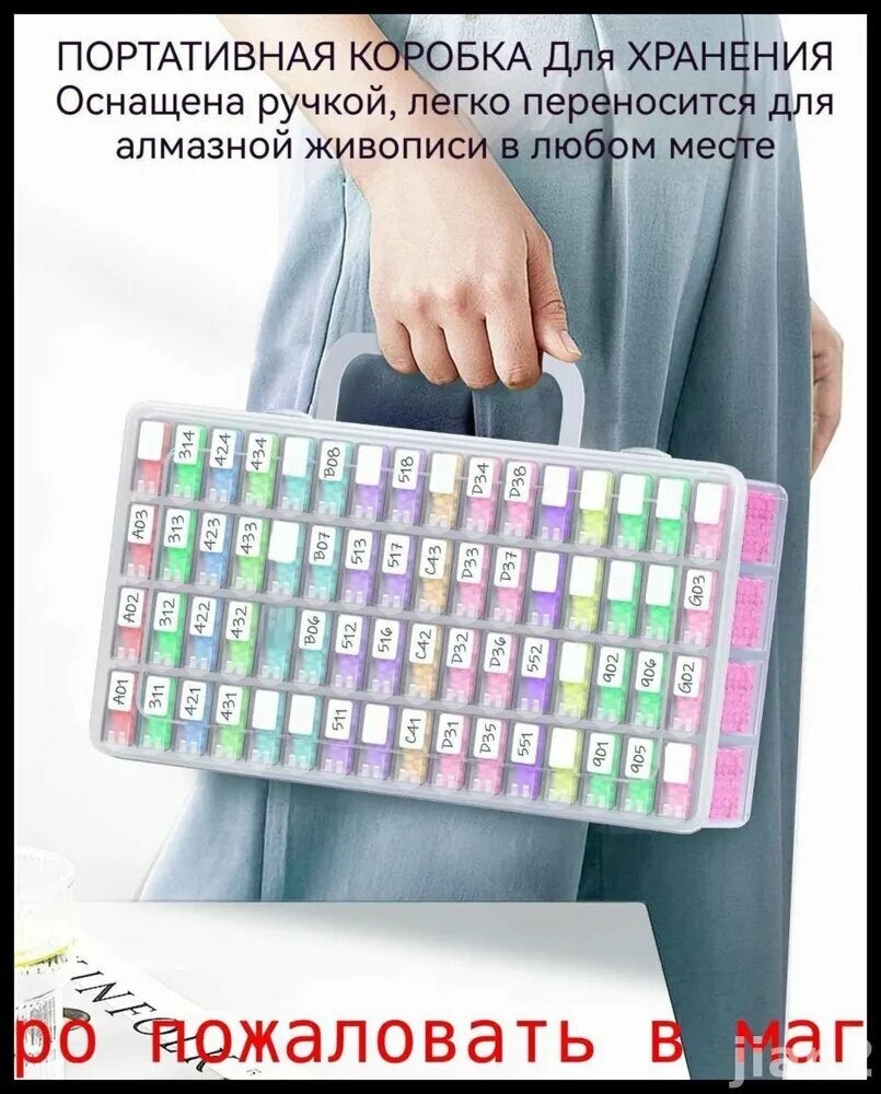 Органайзер для алмазной мозаики, прозрачный, 64 контейнера, с наклейками