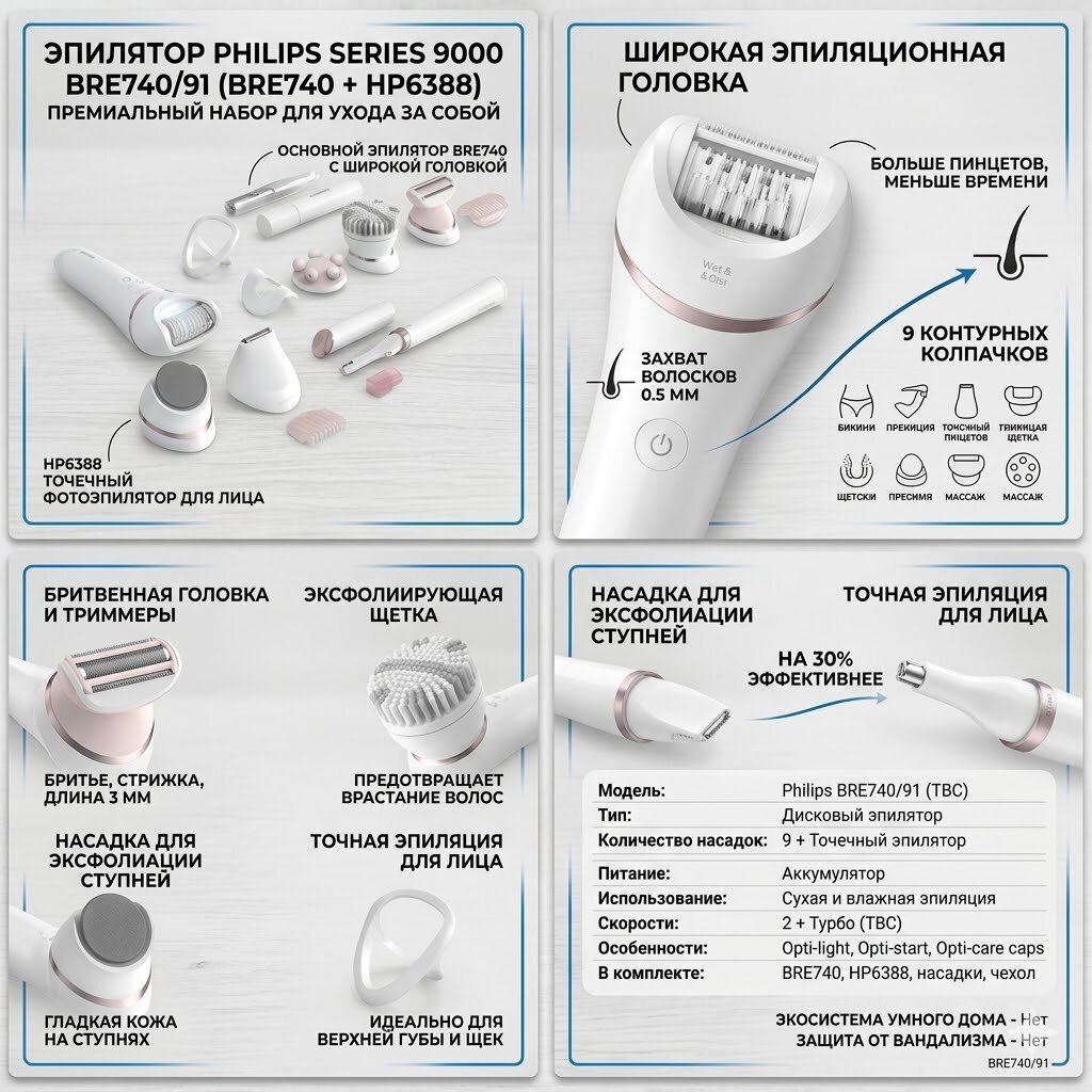 Эпилятор Philips Series 9000 BRE740/91 (BRE740 + HP6388)