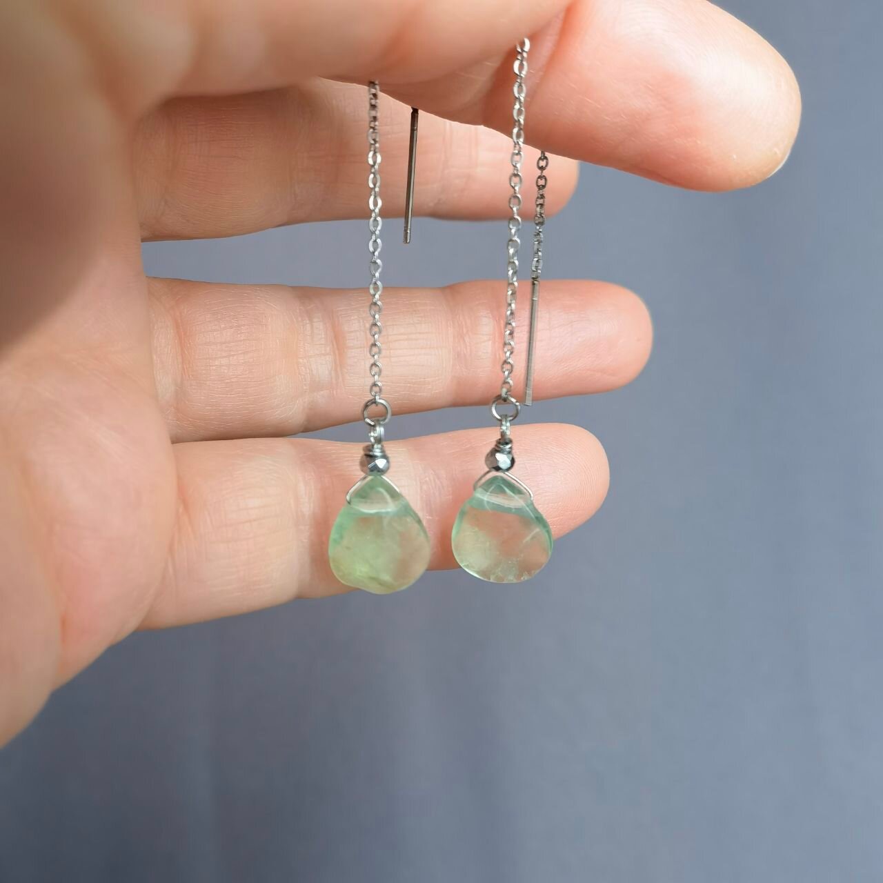 Серьги цепочки Камни Елены, флюорит