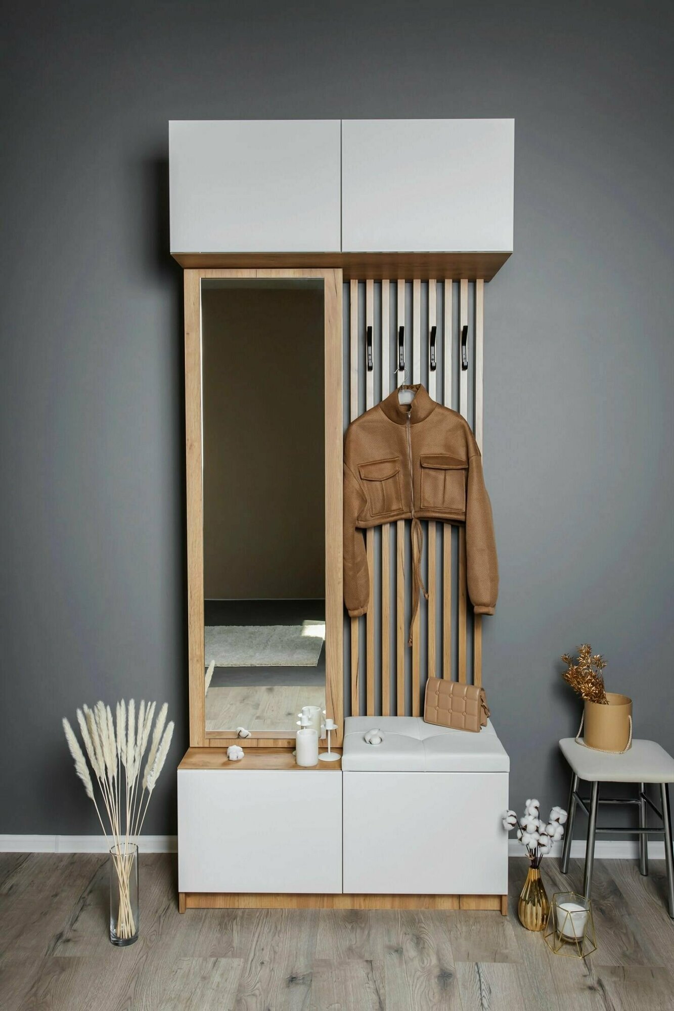 Прихожая/Вешалка Бостон 1 метр. Дуб Крафт золотой/ МДФ белый глянец