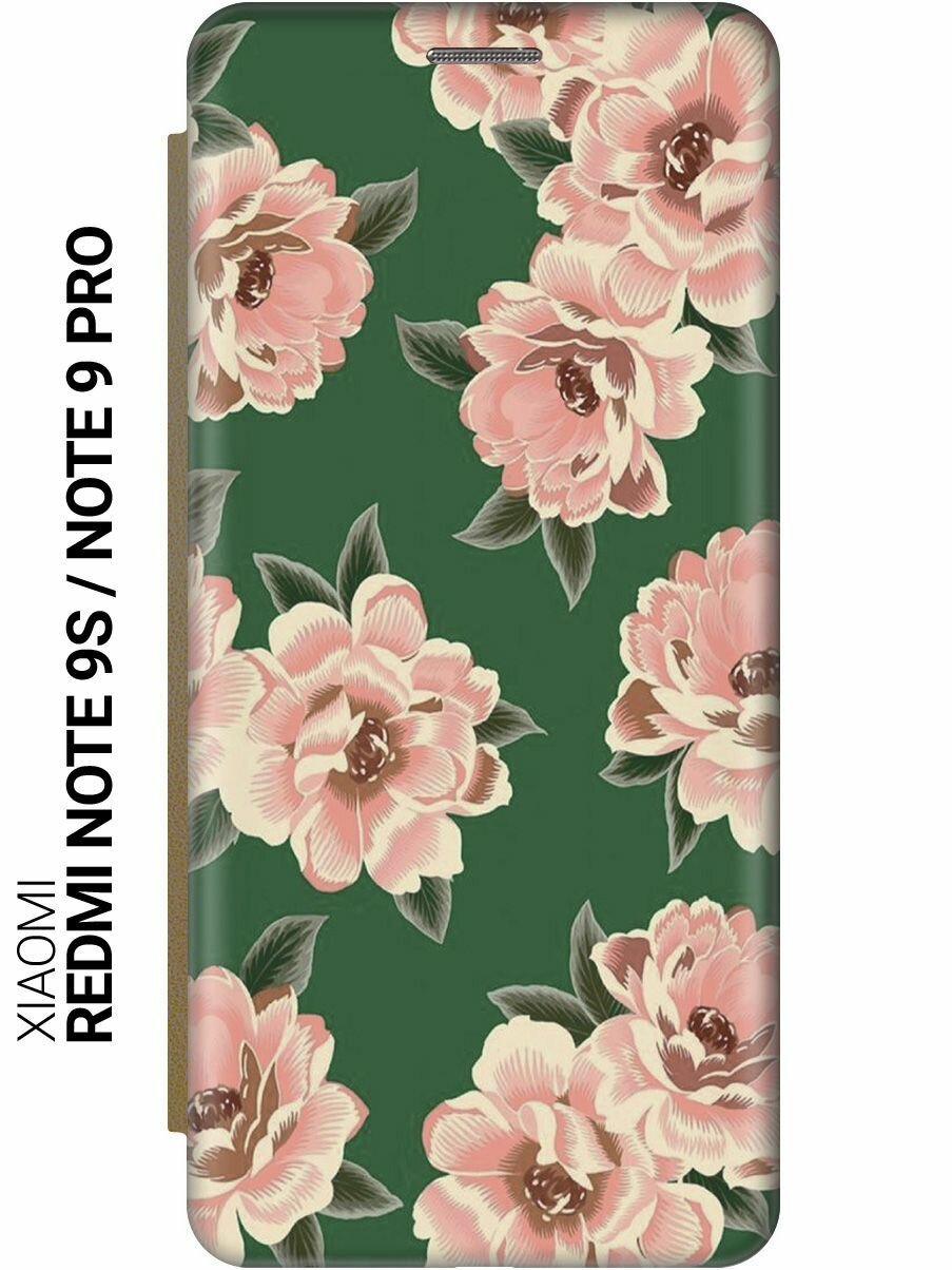 Чехол-книжка на Xiaomi Redmi Note 9s, Note 9 Pro, Сяоми Редми Ноут 9с, Ноут 9 Про c принтом "Винтажные цвета" золотистый