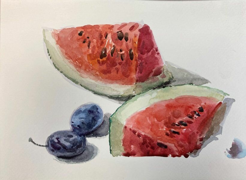 ART-Salon at Oktyabrskaya "Арбуз со сливами" 19х25см. бумага, акварель; ручная работа