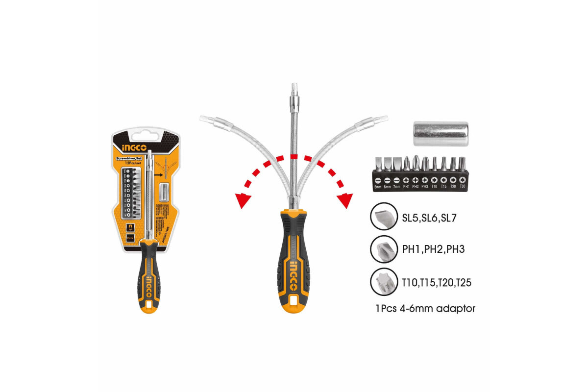 Отвертка гибкая с битами 12 шт AKSDFL1208 INGCO