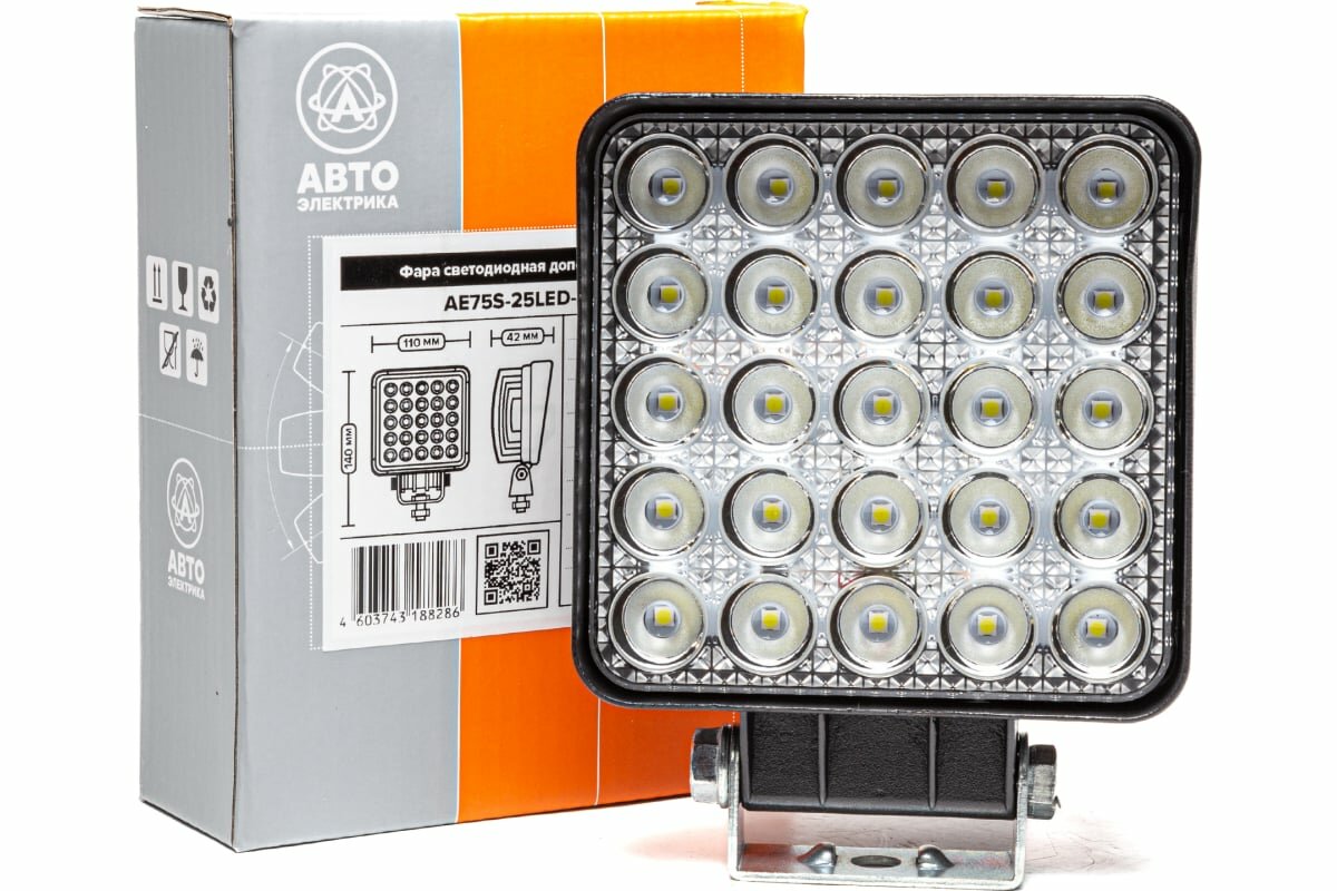 Автоэлектрика Фара рабочего света LED квадр, 12/24В, 25 светодиодов/75Вт, рассеяный (ближний) свет AE75S-25LED-42PC 09.2227