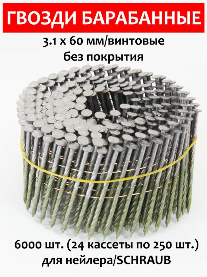 Гвозди барабанные, для нейлера 3,1х60 мм, винтовые 6000 шт. CNW BK SHRAUB