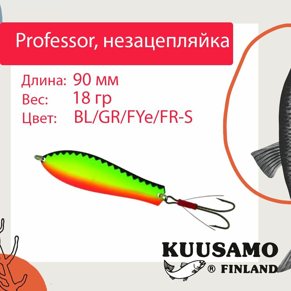 Блесна для рыбалки Kuusamo Professor 2, 90/18 незацепляйка, BL/GR/FYe/FR-S (колеблющаяся)