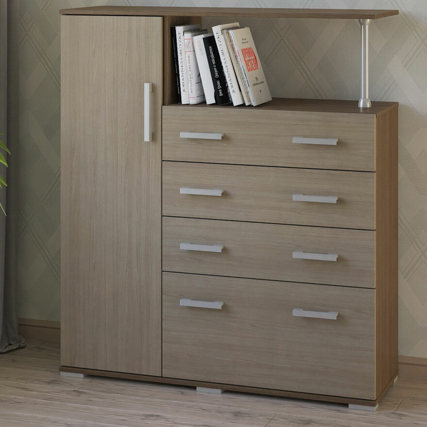 Широкий комод с 4 ящиками дверцей и полочкой вверху МагМебель №9 ясень шимо тёмный + светлый