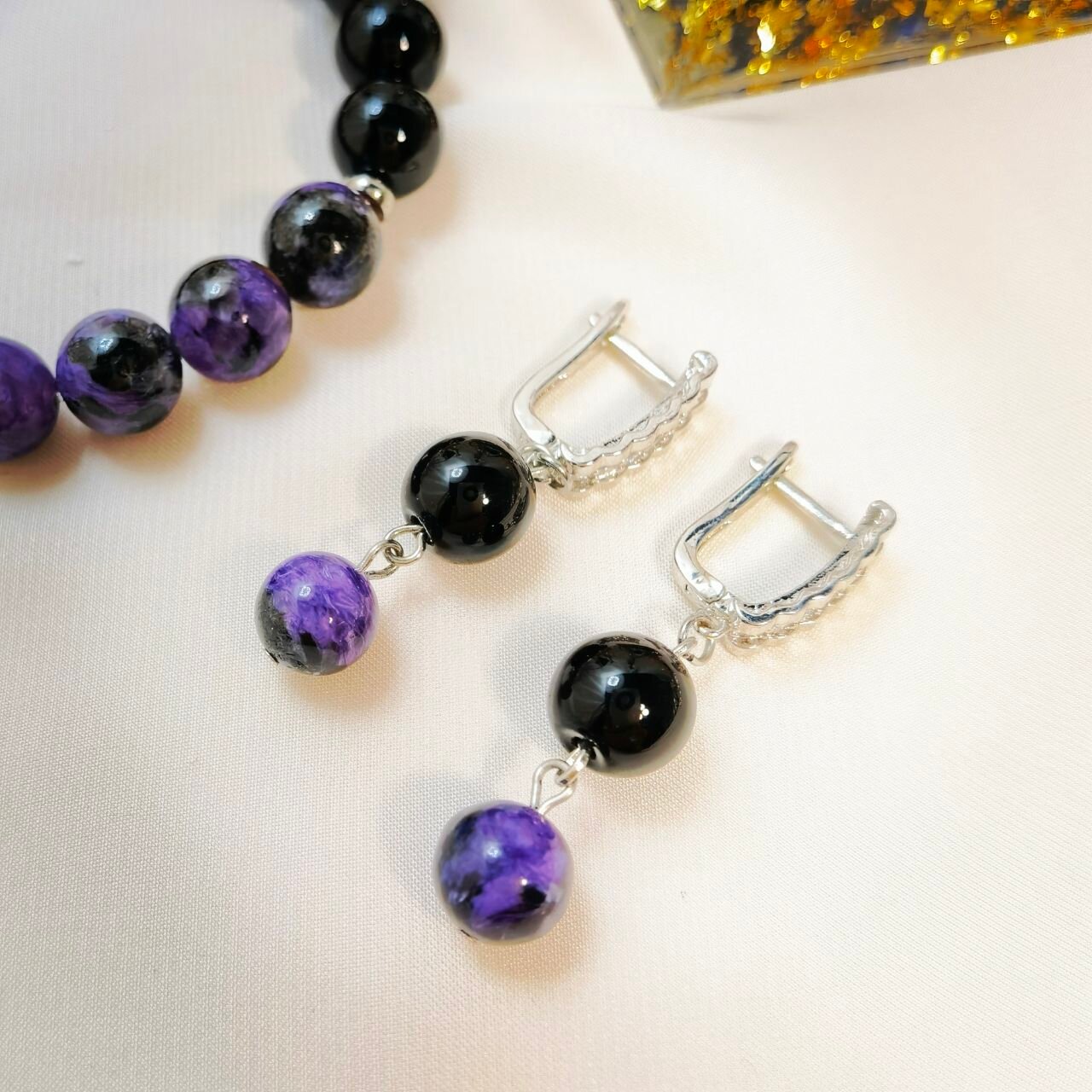 Серьги, чароит, агат