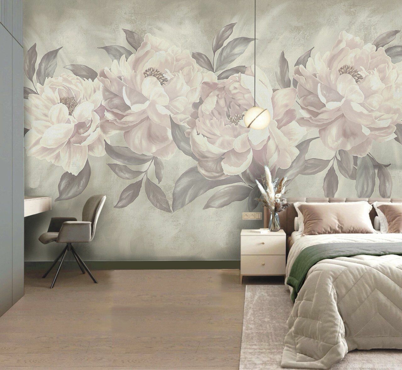 Фреска бесшовная "Пионы в технике масло" персиково-бежевые (ширина 2550мм х длина 3000мм)