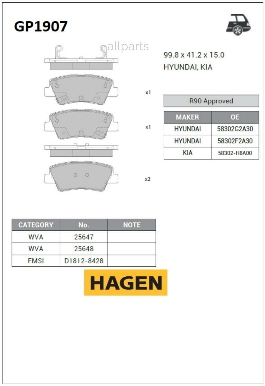 SANGSIN BRAKE GP1907 Колодки торм. дисковые HAGEN HYUNDAI ELANTRA (AD) 2017- KIA SOUL BOOSTER 2019-