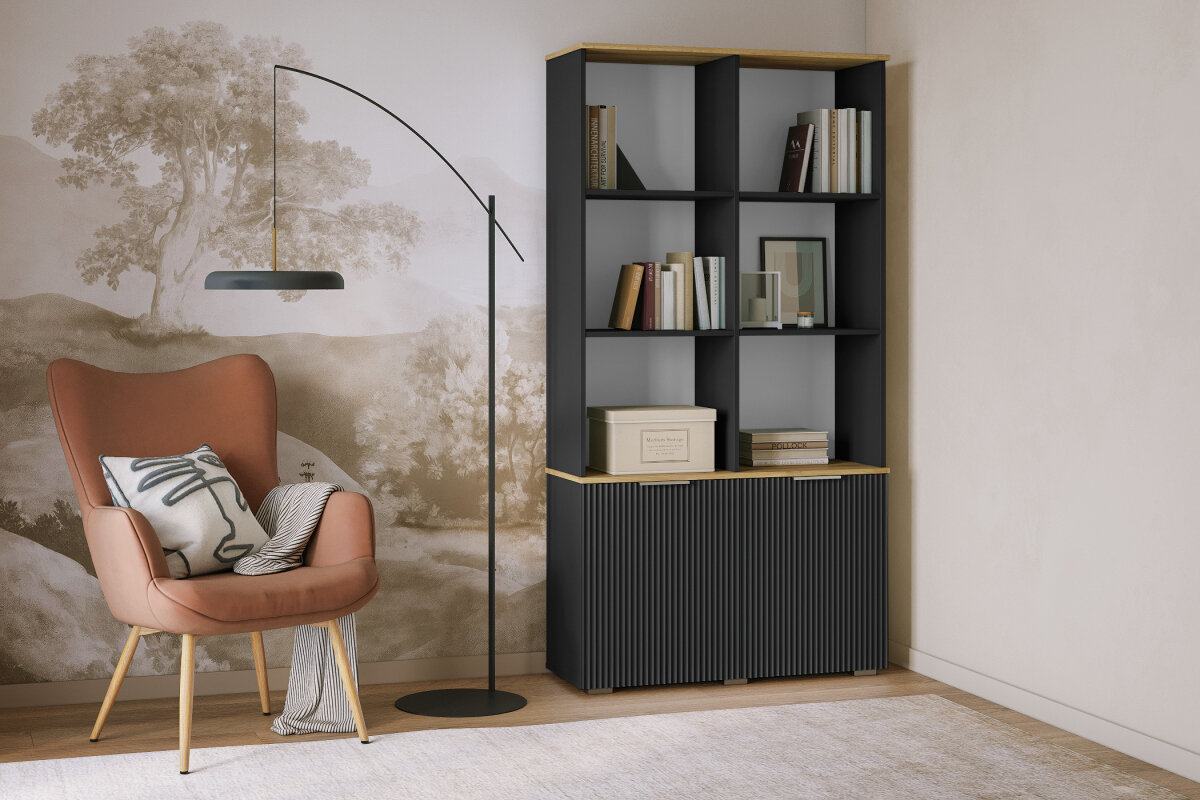 Стеллаж Салерно 2 (МДФ) 23006 Софт Черный агат Черный 0190 PE NOW 98x36x190 см, Фиеста